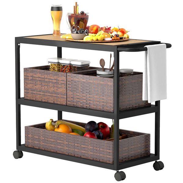 Outsunny 3-Tier Rolling Cart on Wheels with Basket - Mixed-Brown 84G ...