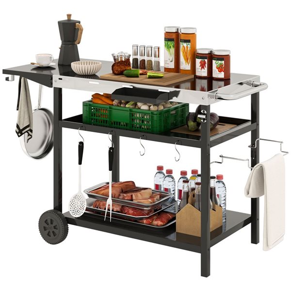 Outsunny Outdoor Bar Cart Pizza Oven Stand BBQ Table with Wheels 84G ...