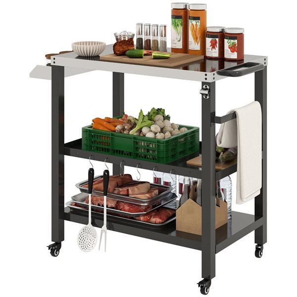 Outsunny Rolling Outdoor Kitchen Cart with Three-Shelf Grill BBQ Table ...