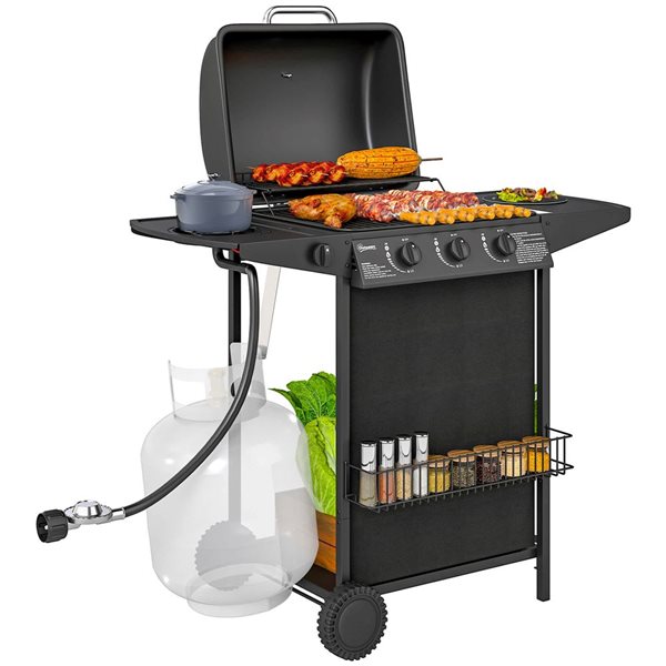Outsunny 3+1 Burner Propane BBQ w/ Side Burner and Wheels - Black 846 ...