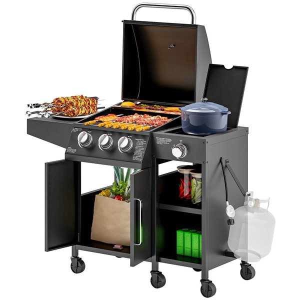 Outsunny 3-Burner Propane Barbecue w/ Side Burner and Wheels 37,000 BTU ...