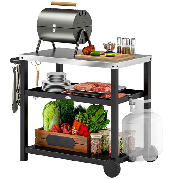 Outsunny 2-Shelf Black BBQ Cart with Stainless Steel Top 846-163V00CG ...