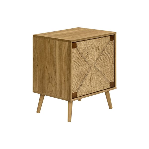 Monarch Specialties 23-in H Light Walnut Veneer/Seagrass 1-Door Mid-Century Side Table | RONA
