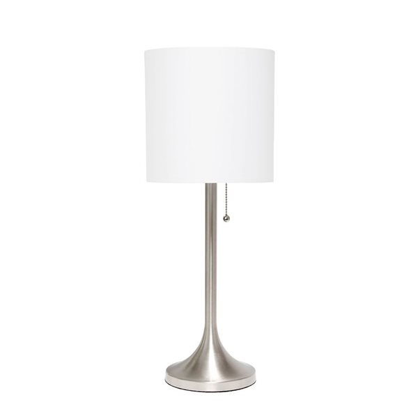 Simple Designs Brushed Nicklel Metal Table Lamp w/ White Fabric Shade ...