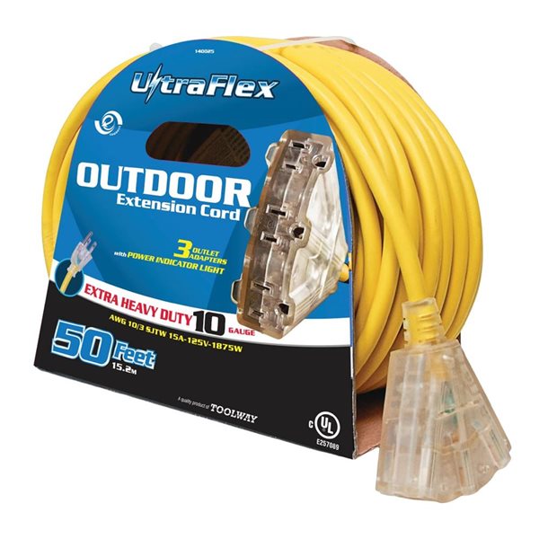 FlexiCord 100-ft Outdoor/Indoor SJTW 10/3 Lighted 3-Tap Extension Cord - Yellow 140026 | RONA