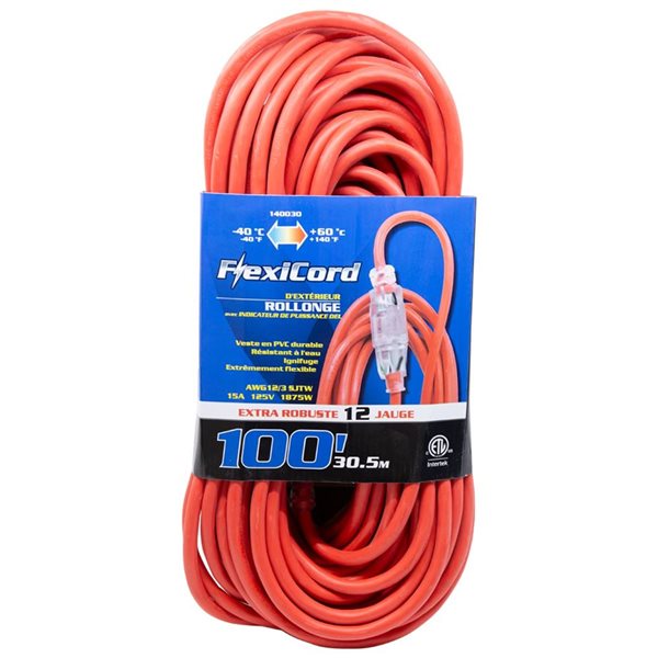 Rallonge électrique à prise unique FlexiCord SJTW 12/3 éclairée 100 pi ...