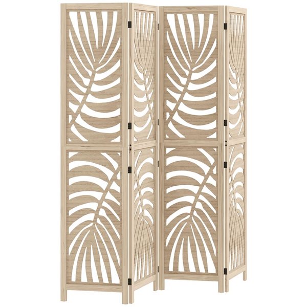 HOMCOM 63 W x 67-in H 4-Panel Natural Wood Palm Leaf Pattern Detachable ...