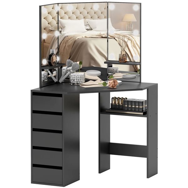 HOMCOM 43.3-in W Black Engineered Wood Lighted Dressing Table with 3 ...