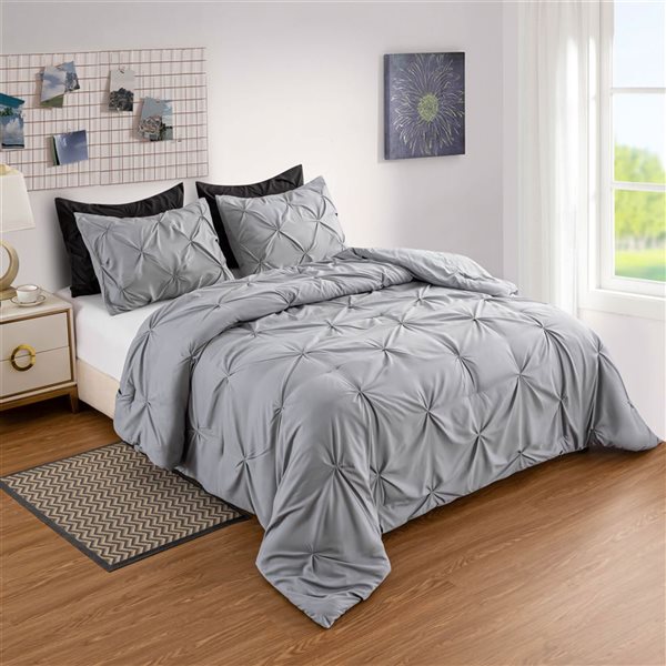 Marina Decoration Grey Geometric Pinch Pleated Ruffled King Bed Comforter Set | RONA