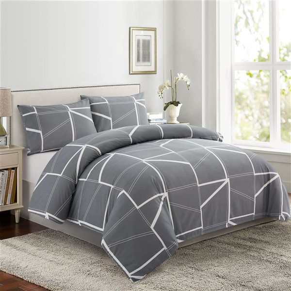 Marina Decoration 4-Piece Grey and White Full Geometric Print Bamboo Bedding Set | RONA