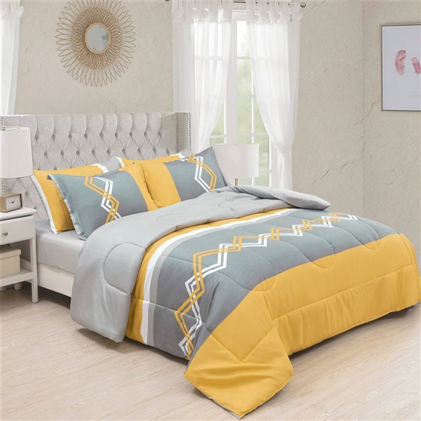 Marina Decoration Grey and Yellow Geometric Stripes Full Bed Comforter w/ Sheet Set | RONA