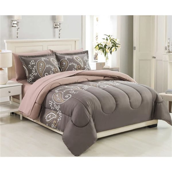 Marina Decoration Taupe Floral Paisley Pattern Full Bed Comforter w/ Sheet Set | RONA