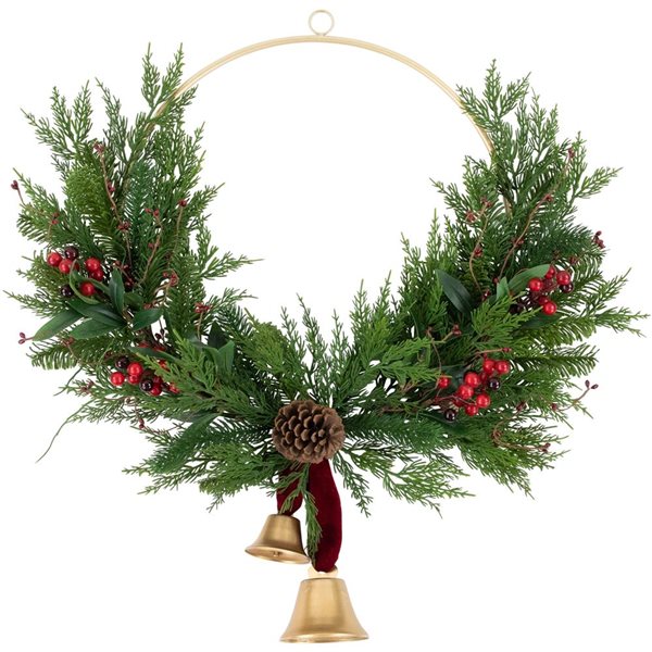 Northlight Real Touch 28-in dia Unlit Indoor Green Pine with Berries and Bells Artificial ...