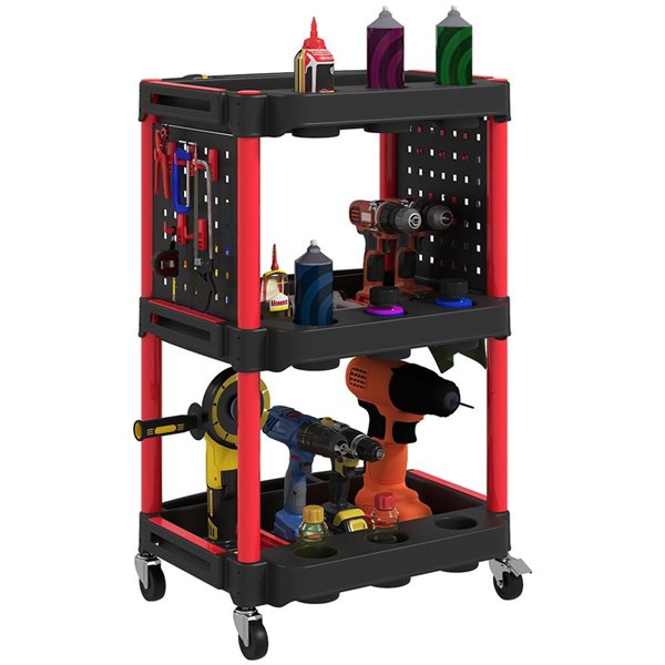 HOMCOM 3-Tier Rolling Tool Cart w/ Tool Trays and Peg Boards - Black ...
