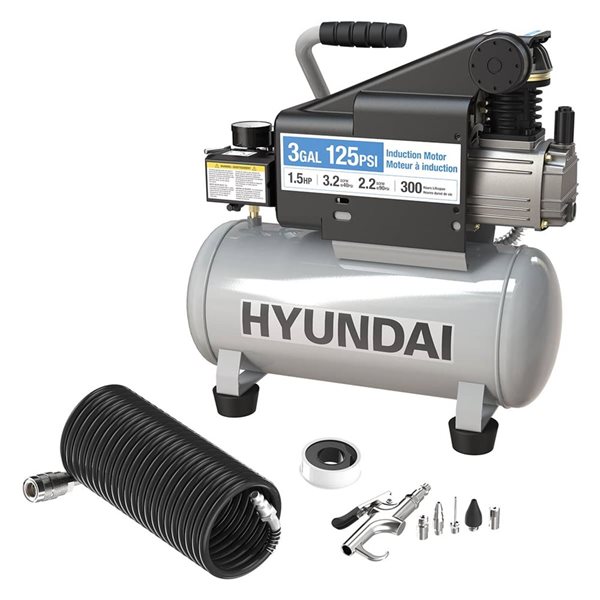Hyundai 3-Gallon 1.5HP Portable Air Compressor with Inflation Kit ...