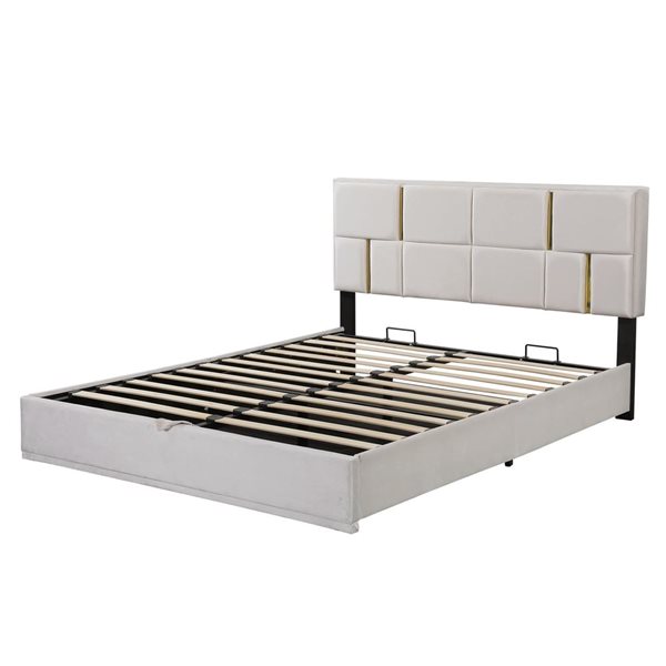 Grand lit plateforme Mondawe avec rangement hydraulique, beige MO ...