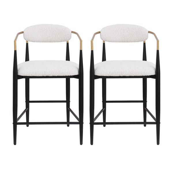 Set of 2 Homy Casa Bar Stools w/ Boucle Fabric and Gold Accented Iron ...