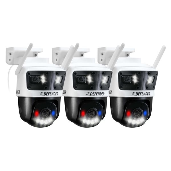 Defender Tri-Lens PTZ AI Powered Plug-In Wi-Fi 6 Security Camera w/ 180 ...