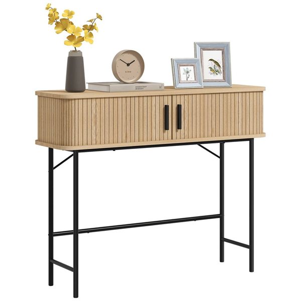 Table console étroite HOMCOM avec portes coulissantes à lattes, chêne ...