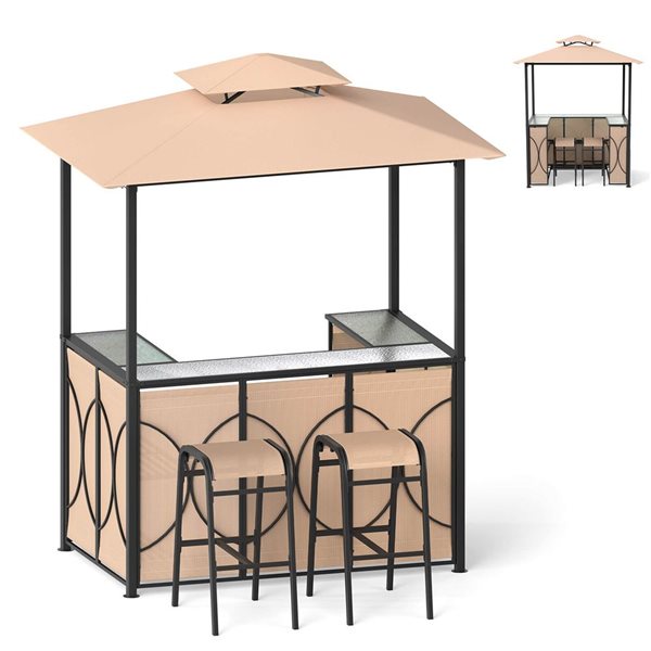 Costway 6.5 x 4 x 8-ft Brown Grill Gazebo Set with 2 Bar Stools ...