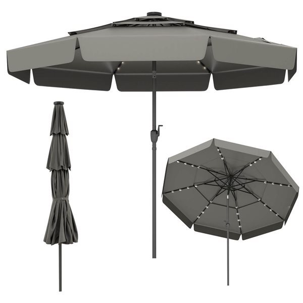 Costway 10-ft Grey 3-Tier Solar Patio Umbrella with 32 LED Lights ...