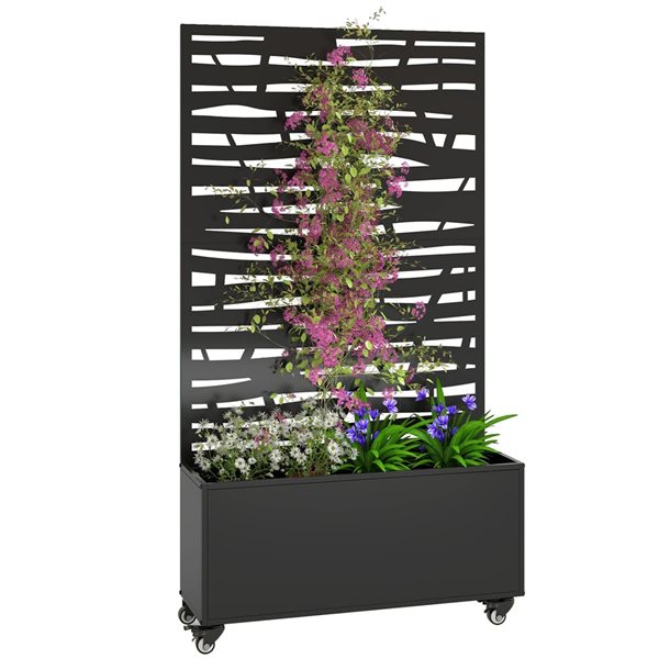 Outsunny Metal Planter Box w/ Slatted Cut-Out Trellis - Black 84H ...