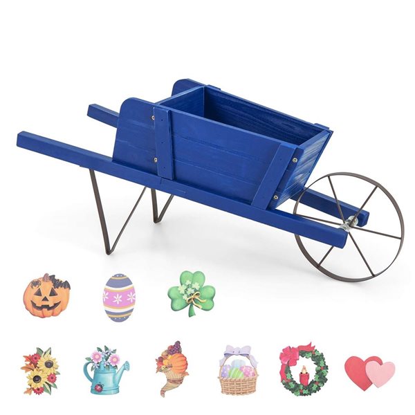 Costway Wooden Decorative Rustic Wheelbarrow Planter for Flowers - Blue ...